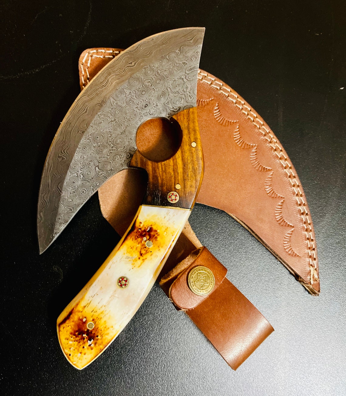 Handmade Damascus ULU Alaska Natural Caribou Antler ULU Knife Full Tang ...