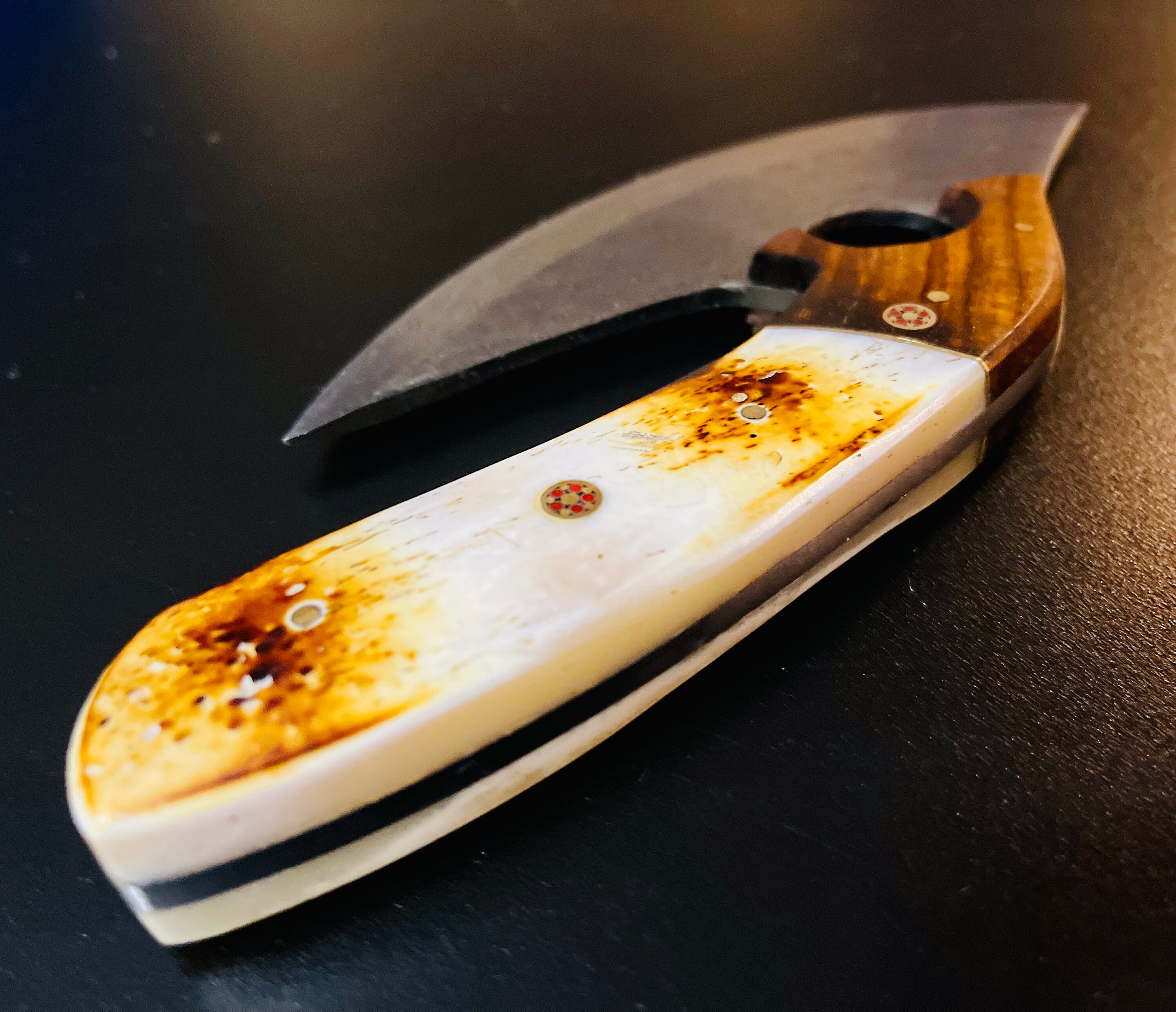 Handmade Damascus ULU Alaska Natural Caribou Antler ULU Knife Full Tang ...