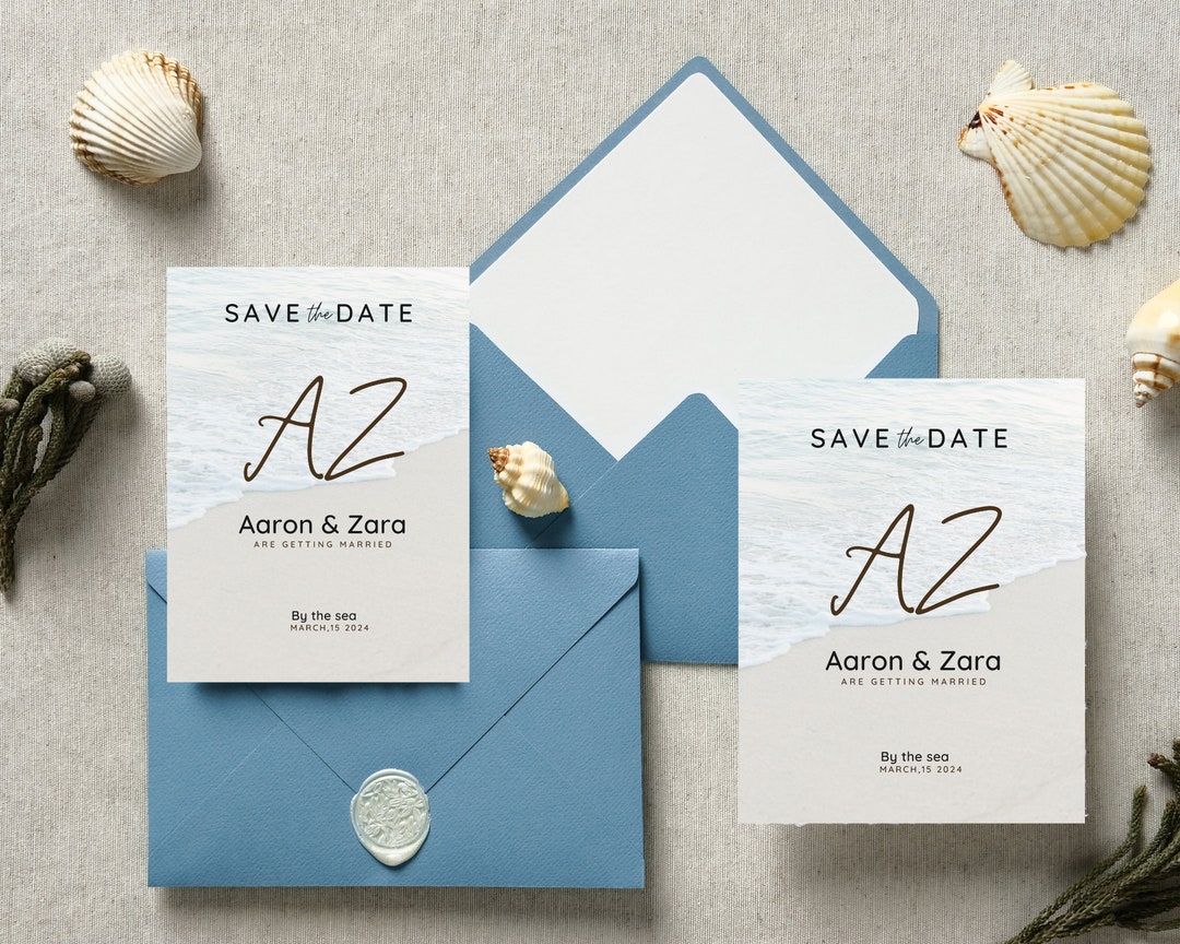 Blue and Brown Beach Wedding Invitation Card, Save the Date, Wedding ...