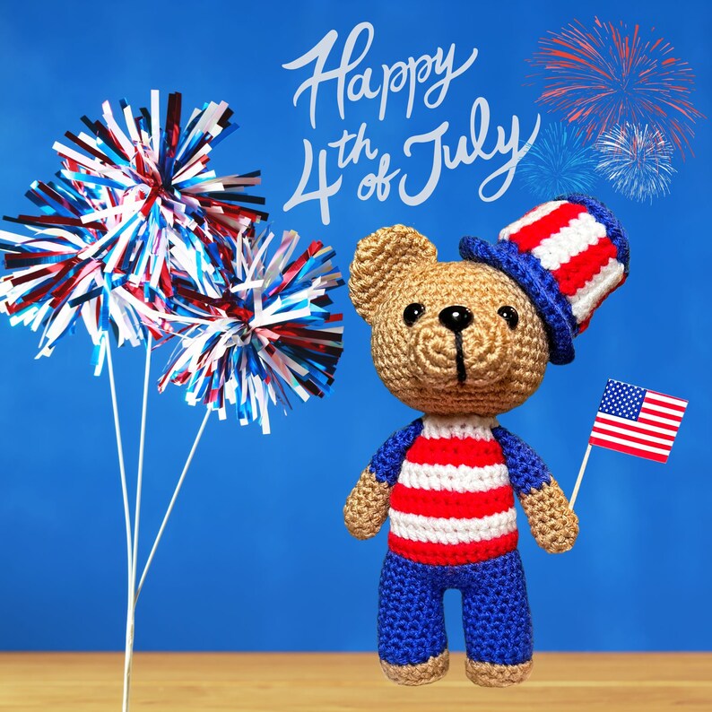 Patriotic 4th of July Handmade Teddy Bear, Crochet Stuffed Teddy Bear ...