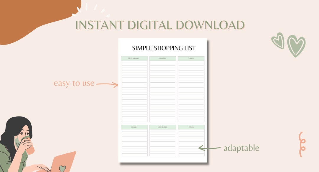 INSTANT DOWNLOAD | Printable Simple Shopping List | Organisation Tools ...