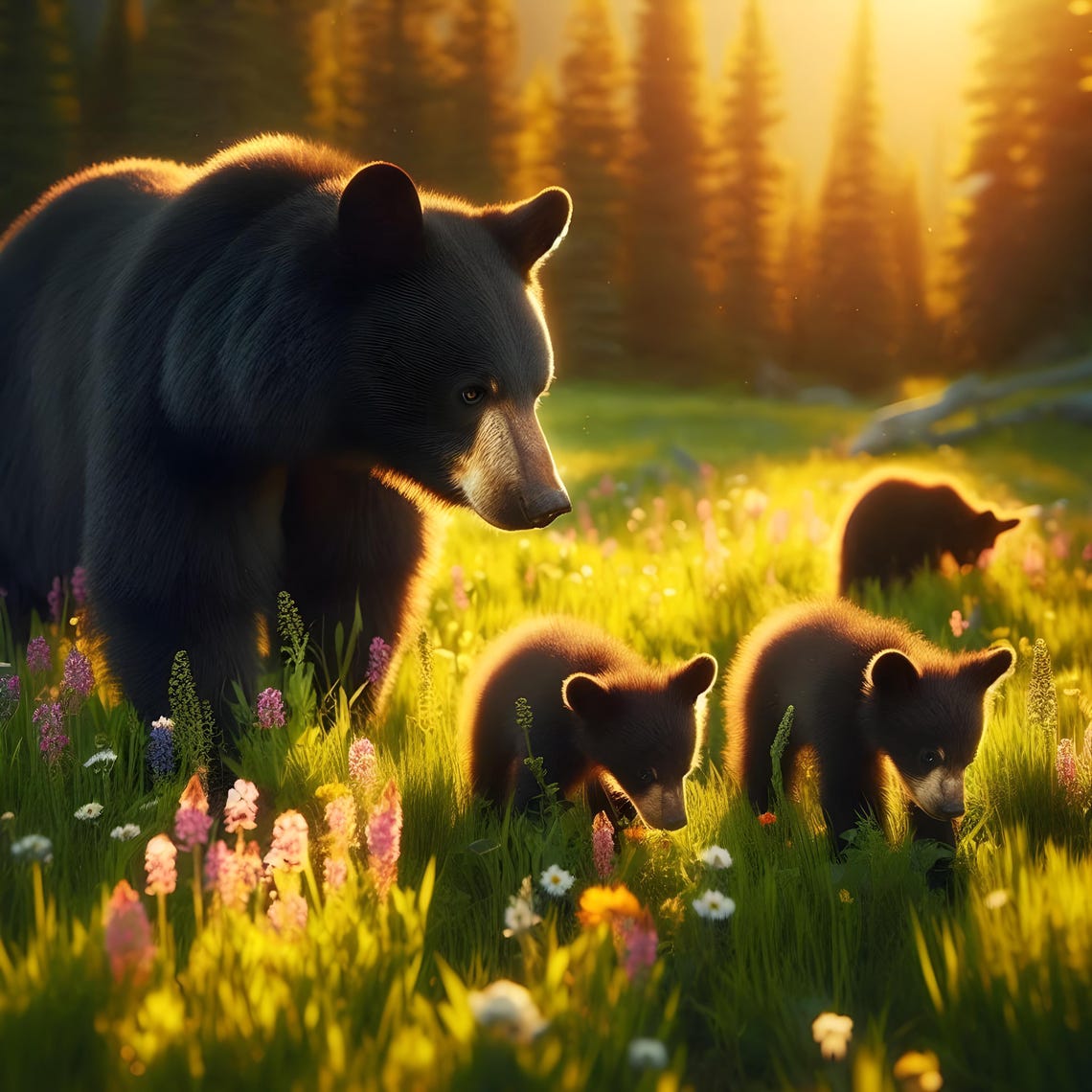 Mama Bear Foraging With Cubs - Etsy