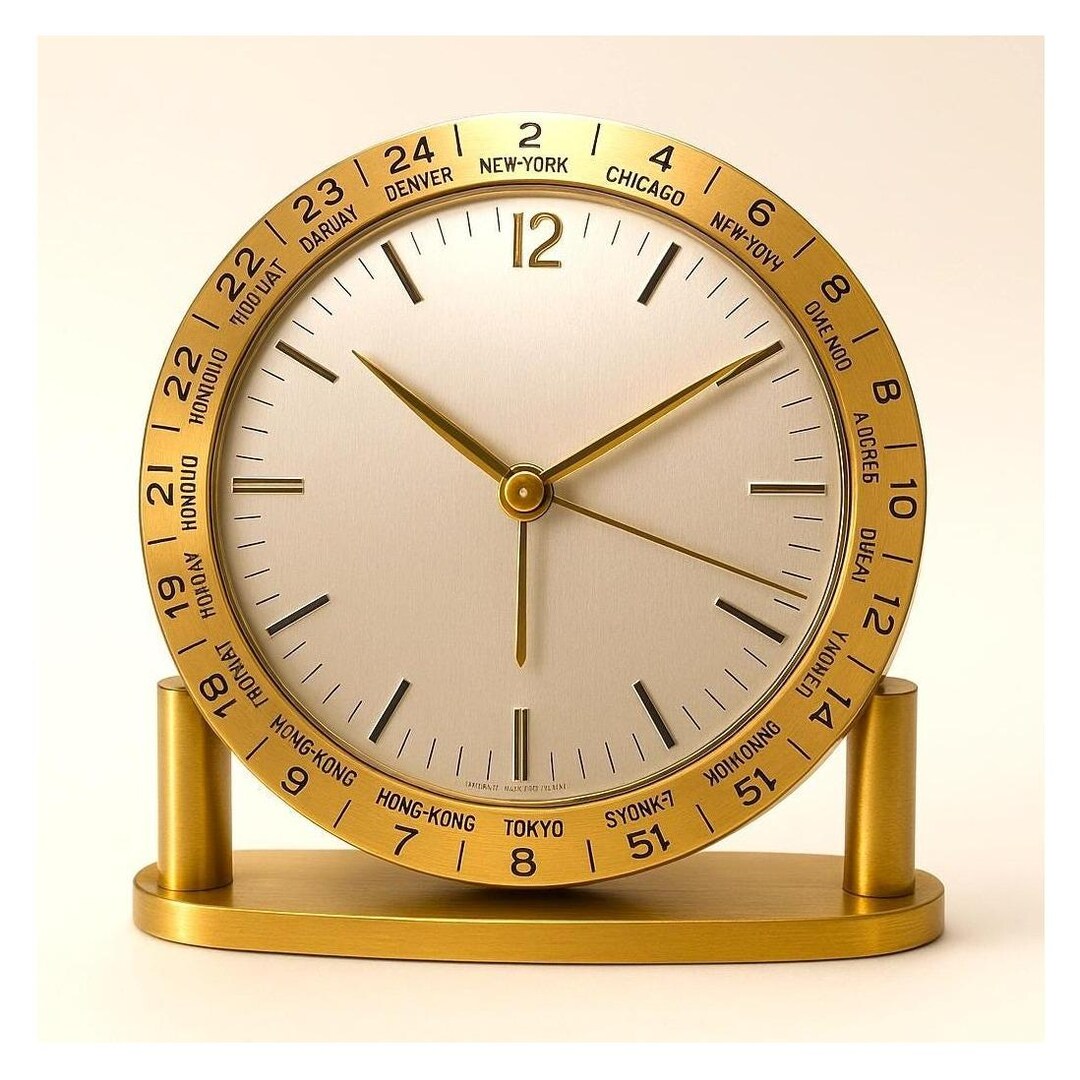 Vintage Brass World Time Desk Clock Stand Hong Kong 24 City Rotating ...