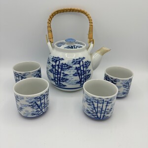 Elegant Vintage Japanese Tea Set Blue Bamboo Design, Bamboo-wrapped ...