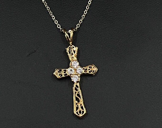 Gold and Faux Diamond Cross Pendant Necklace 18K Electroplate and Gold ...