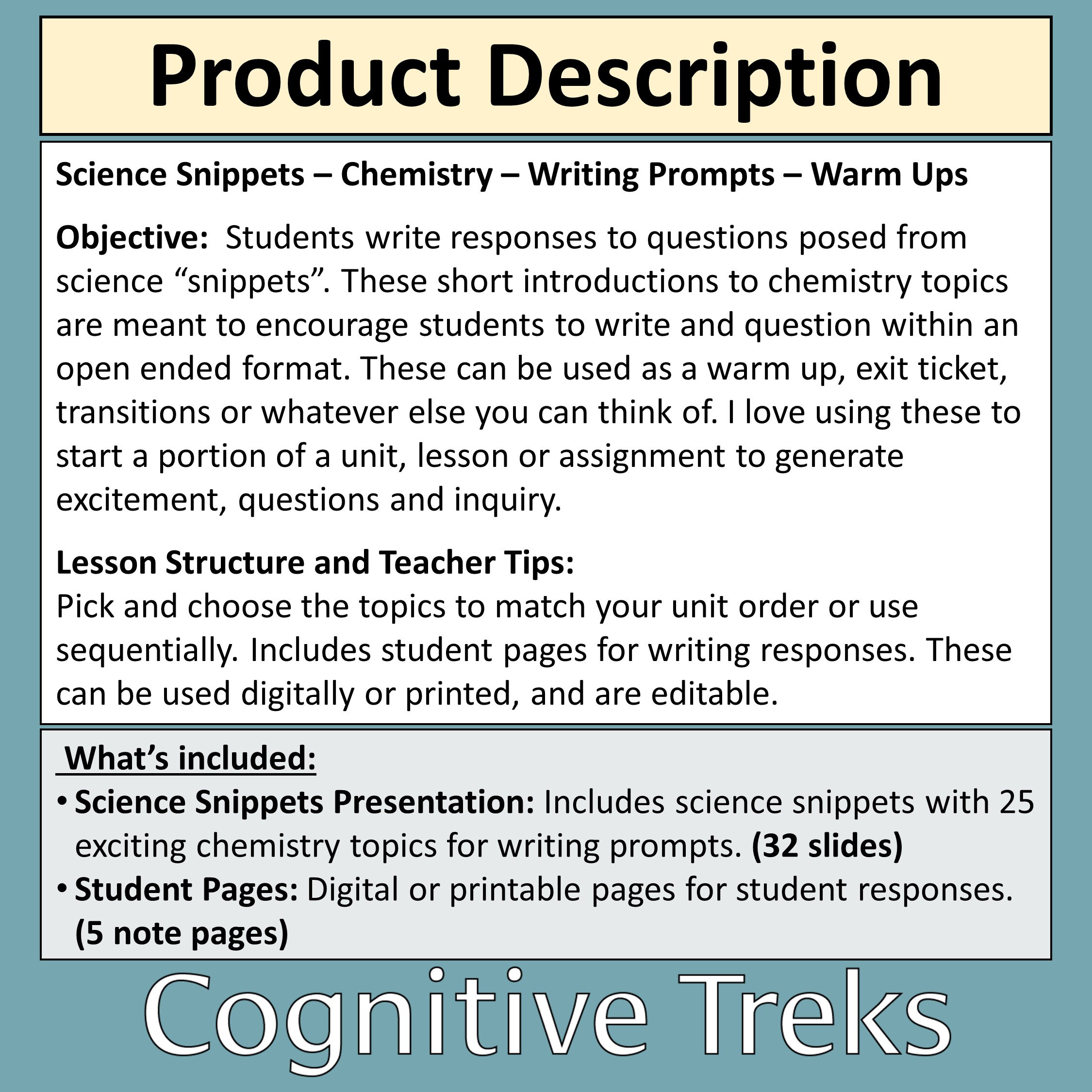 Chemistry Writing Prompts | 25 Science Snippets | Warm Ups | Science ...