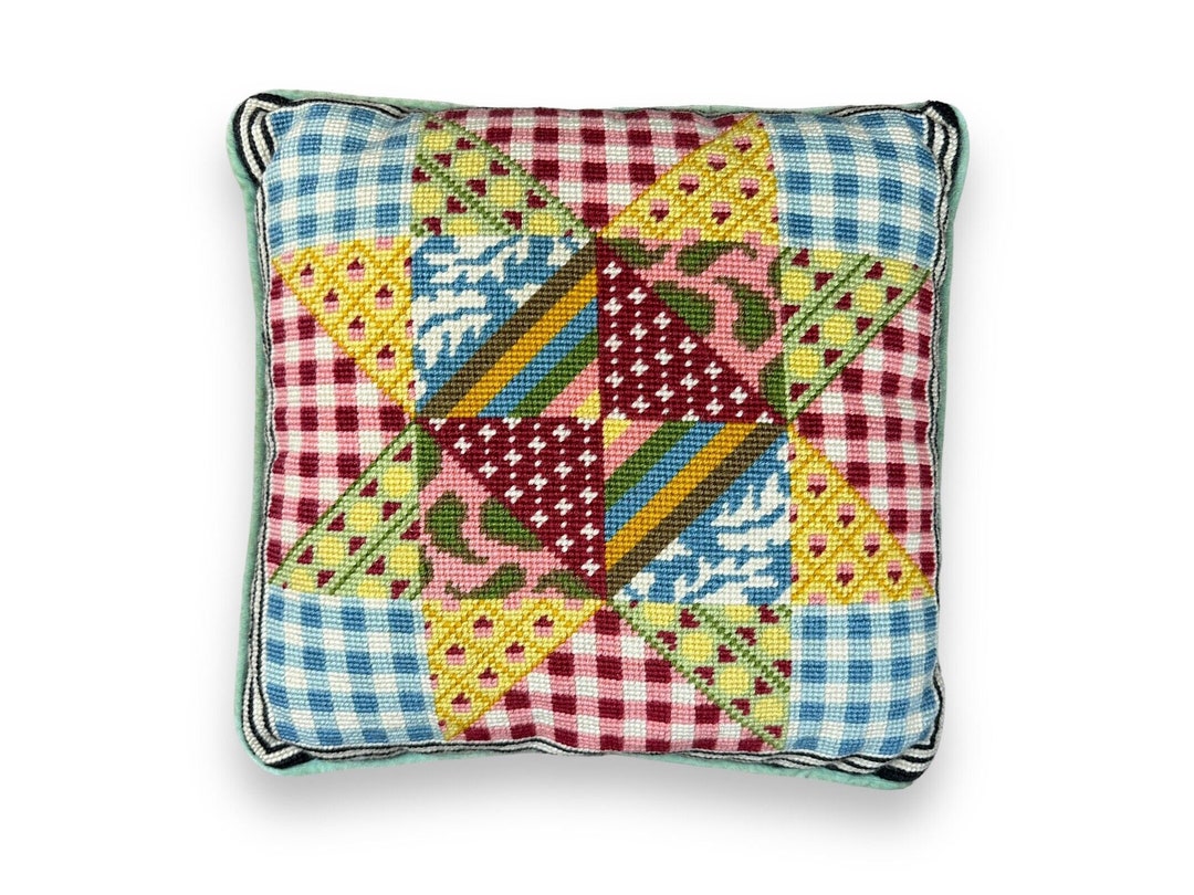 Vtg Multicolor 8pt Star Quilt Block Wool Needlepoint Throw Pillow 13 ...