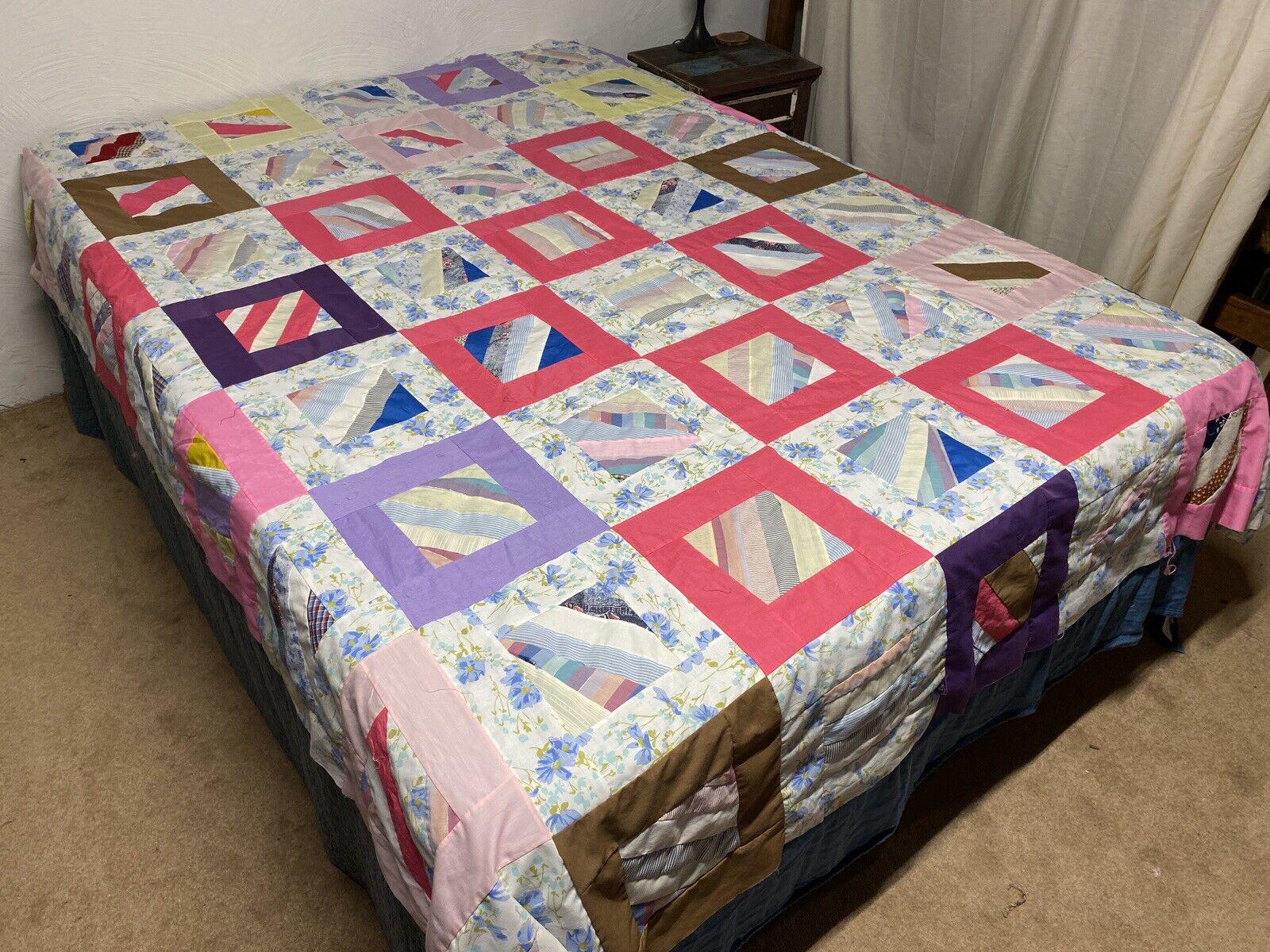 Vtg Unfinished Quilt Top Striped Squares Pink Blue Floral Purple 79x89 ...