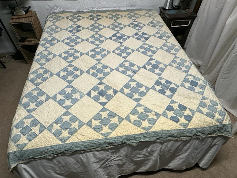 Vtg Shoo Fly Cross Variation Quilt Blue Cream White Handmade Hand Sewn ...