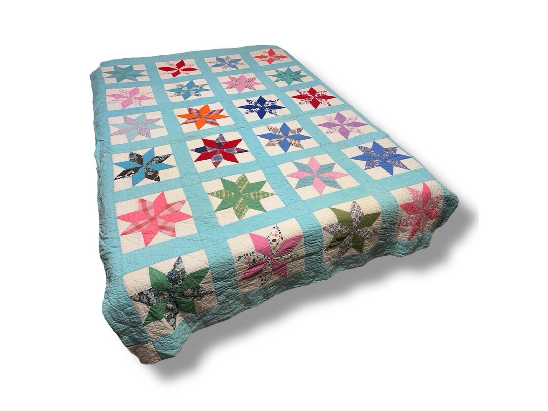 Vtg 8pt Star Quilt 65x89” Multicolor Feedsack Patchwork Distressed Aqua ...