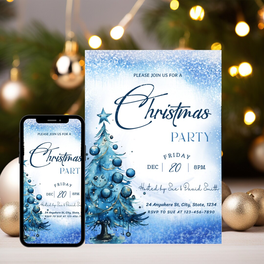 Christmas Party Invitation Template Blue Christmas Tree Party Invite ...