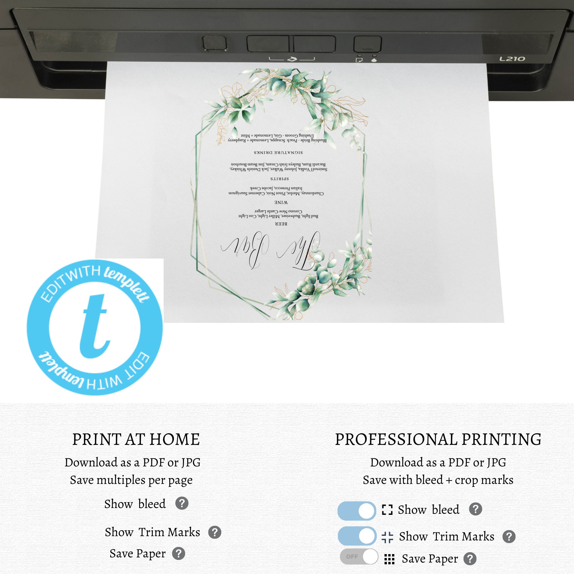 Greenery Bar Menu Sign, Greenery Bar Sign Template, Printable Bar Menu ...