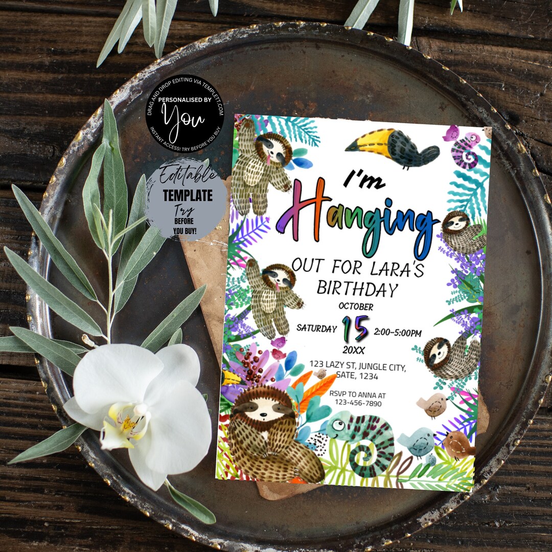 Editable Sloth Birthday Invitation, Unisex Sloth Birthday Party ...