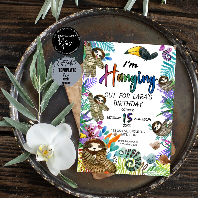 Editable Sloth Birthday Invitation, Unisex Sloth Birthday Party ...
