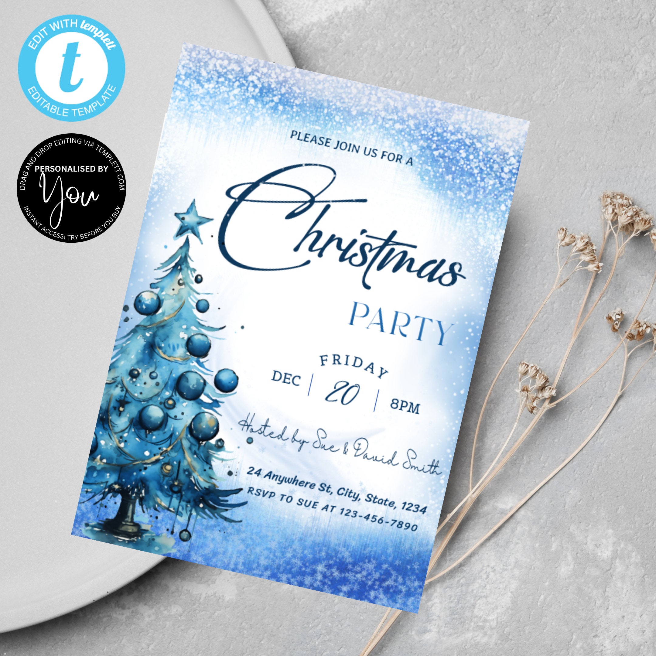 Christmas Party Invitation Template Blue Christmas Tree Party Invite ...