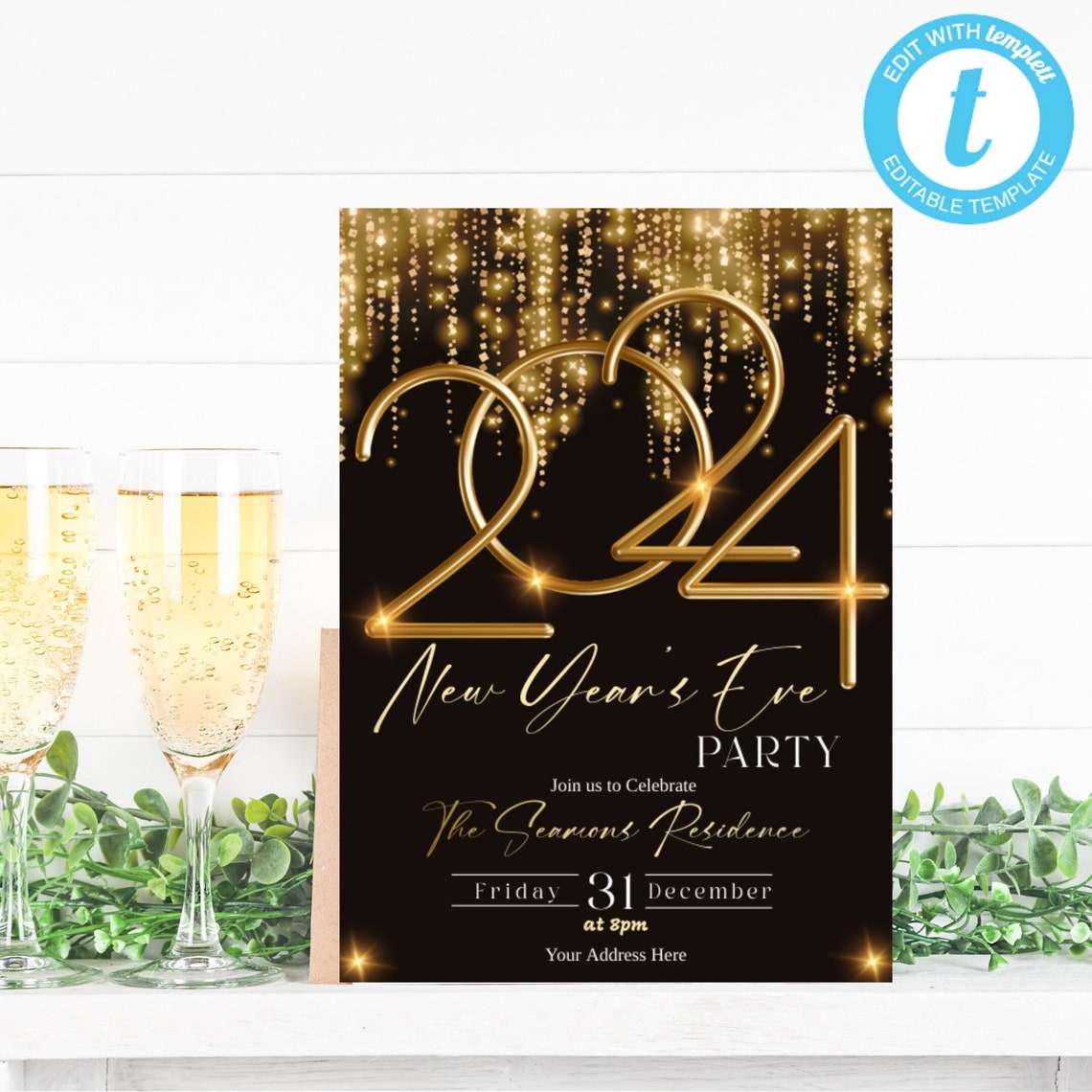 Editable New Years Eve Party Invitation. 2024 New Years Party Invite ...