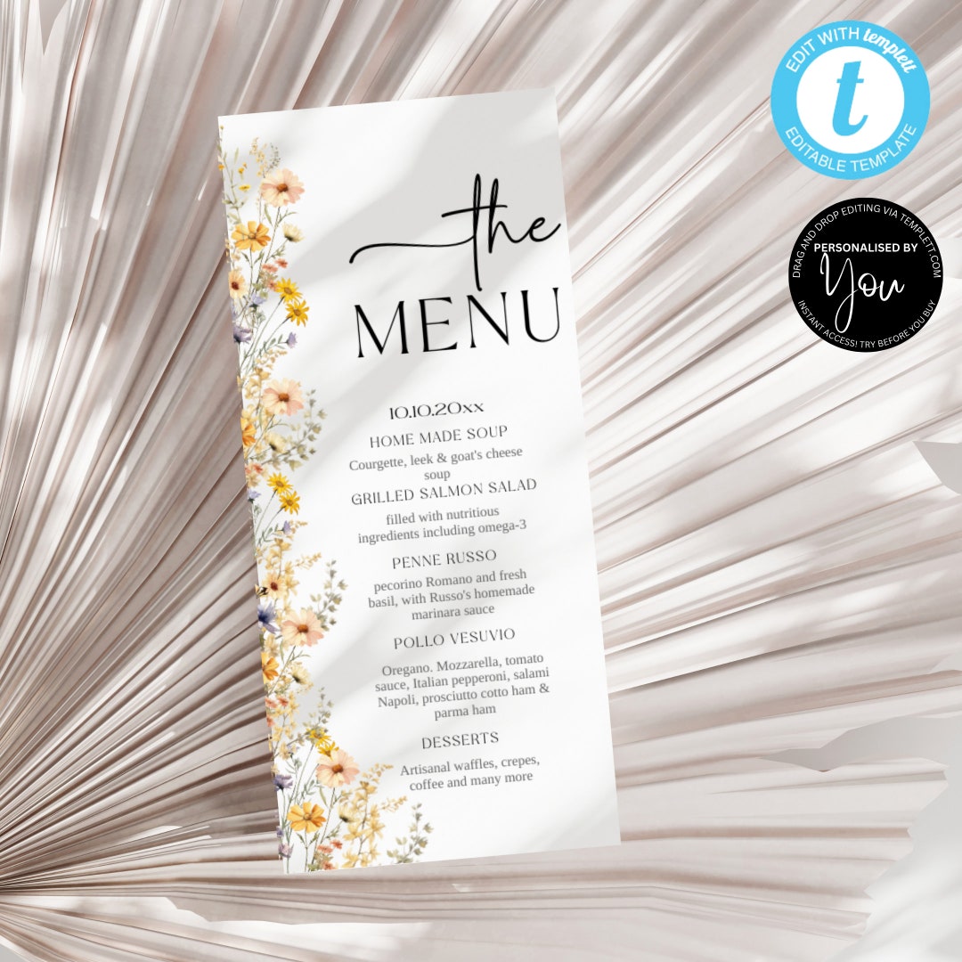 Editable Wedding Menu Template, Colorful Floral Menu Cards, Boho ...