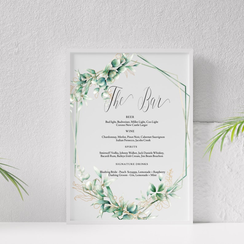 Greenery Bar Menu Sign, Greenery Bar Sign Template, Printable Bar Menu ...