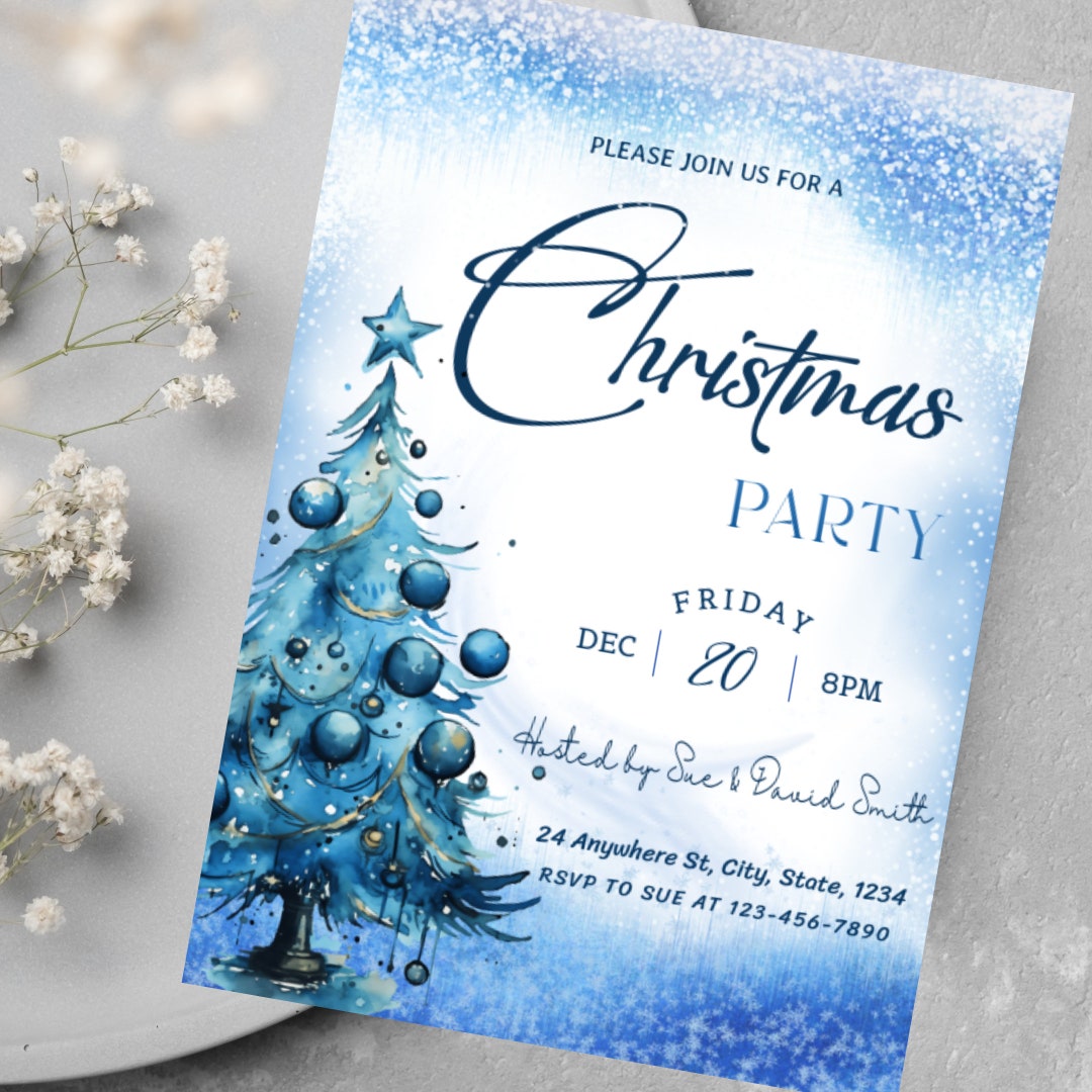Christmas Party Invitation Template Blue Christmas Tree Party Invite ...