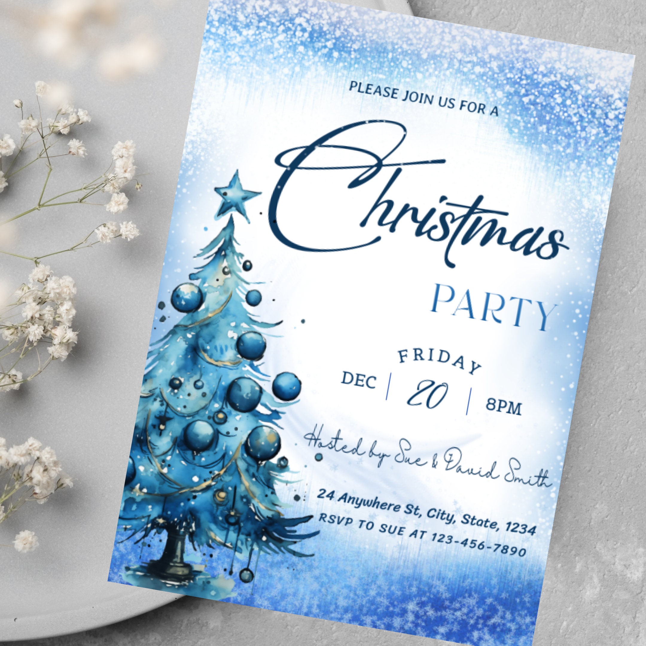 Christmas Party Invitation Template Blue Christmas Tree Party Invite ...