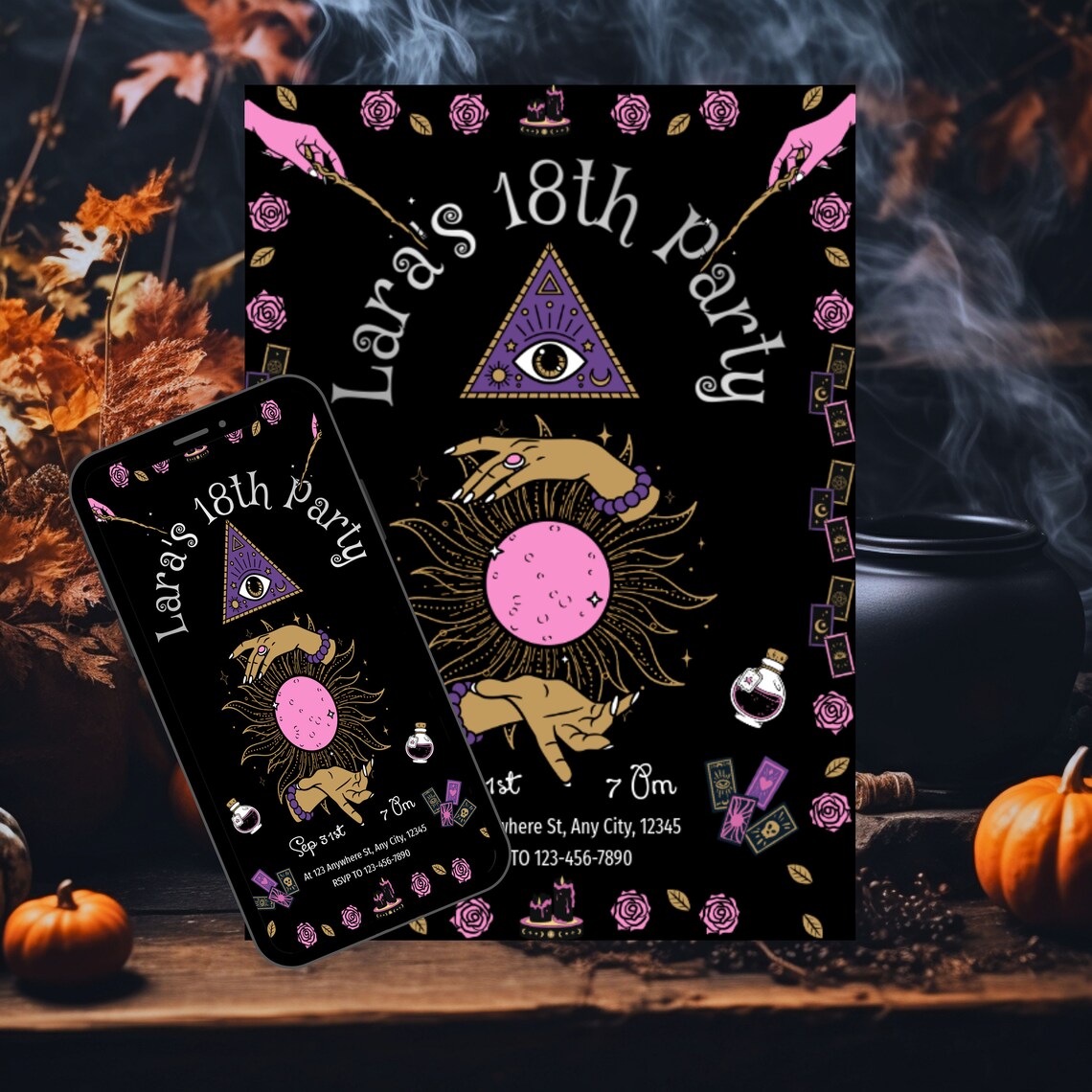 Editable Digital Crystal Ball Witchy Birthday Invitation Self-editable ...