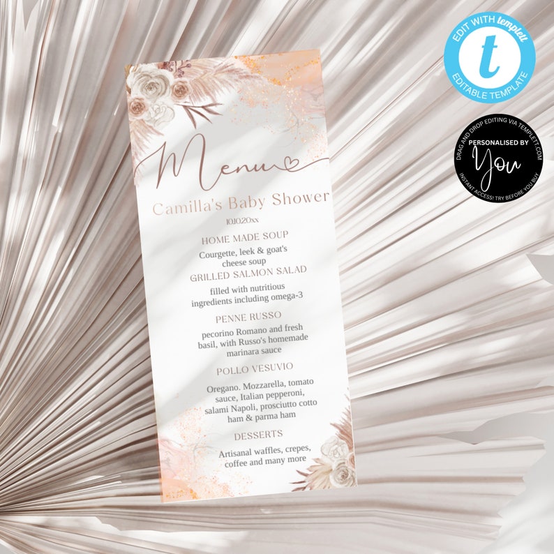 EDITABLE Girl Pampas Grass Boho Baby Shower Menu 4x8" Boho Girl Menu ...