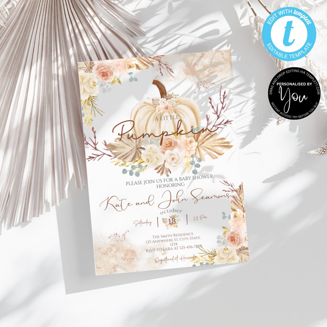 EDITABLE Girl Blush Pumpkin Baby Shower Invitation Boho Fall Pumpkin ...