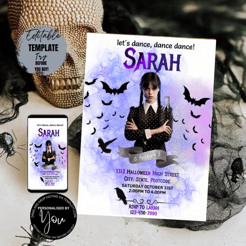 Editable Digital Wednesday Addams Birthday Invitation Self-editable 5x7 ...
