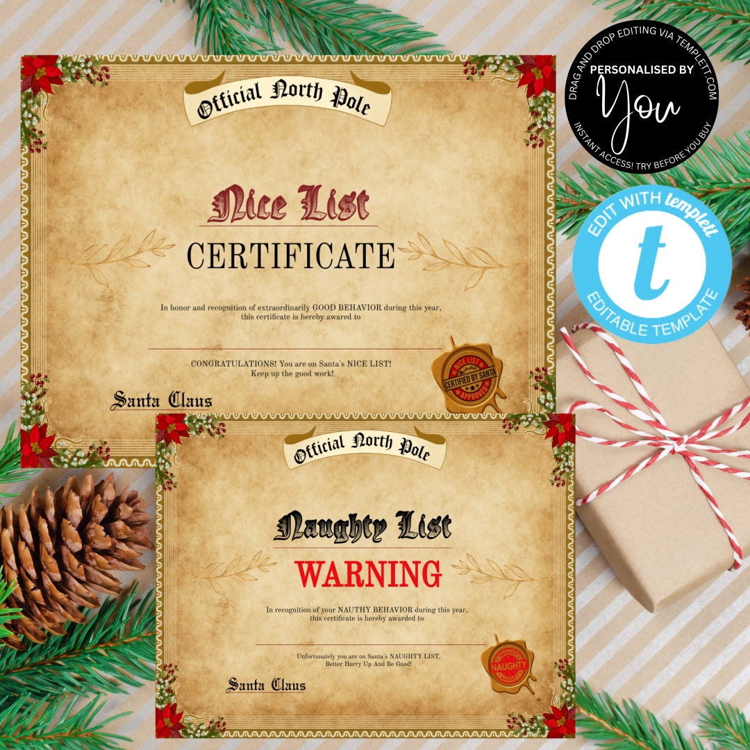 Santa Nice & Naughty List Certificate, Letter From Santa, Christmas ...