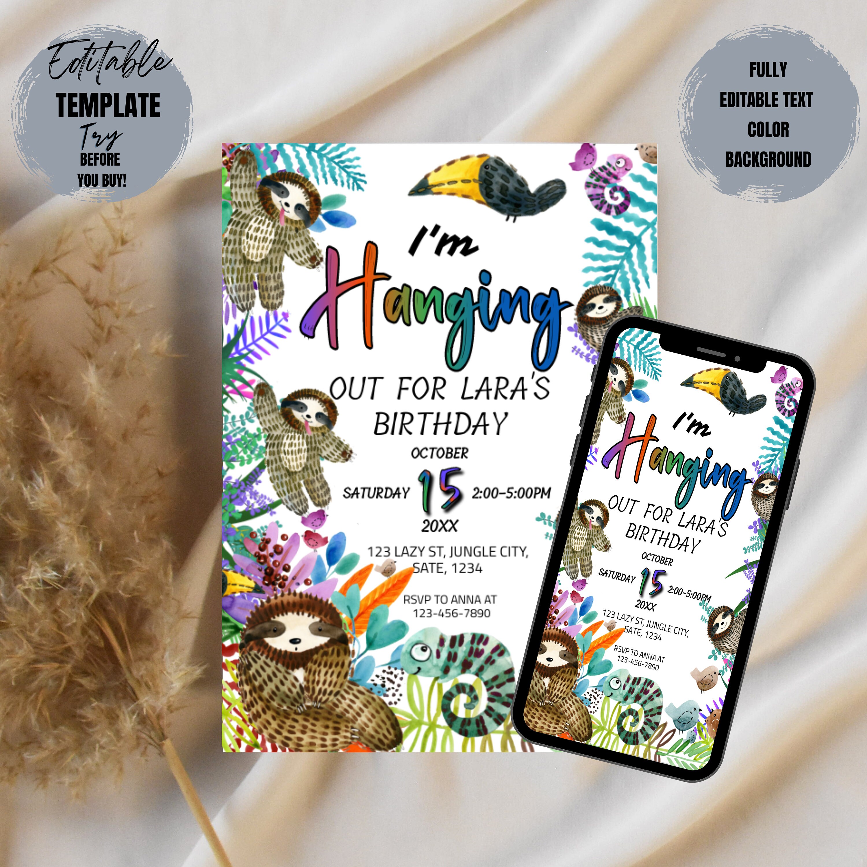 Editable Sloth Birthday Invitation, Unisex Sloth Birthday Party ...