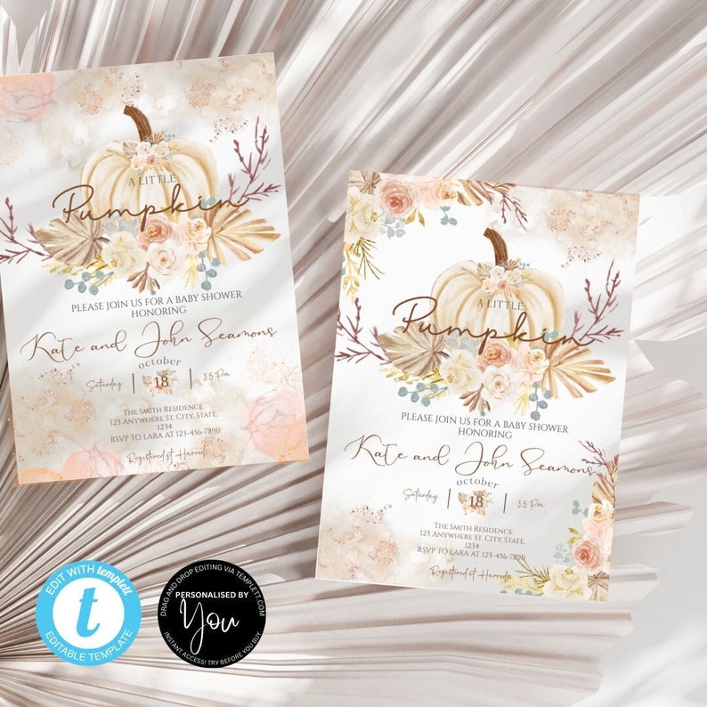 EDITABLE Girl Blush Pumpkin Baby Shower Invitation Boho Fall Pumpkin ...