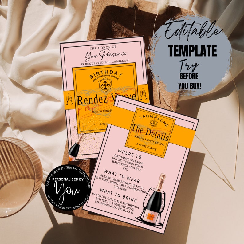 Champagne Birthday Invite and Details Template, Printable and ...