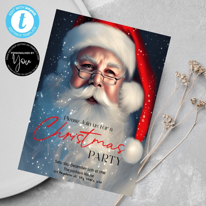 Santa Christmas Party Invitation Editable Template. Digital Invite ...