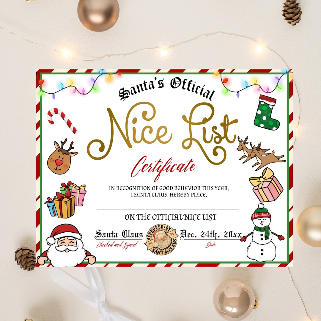 Official Nice List Certificate From Santa, Letter From Santa, Printable ...