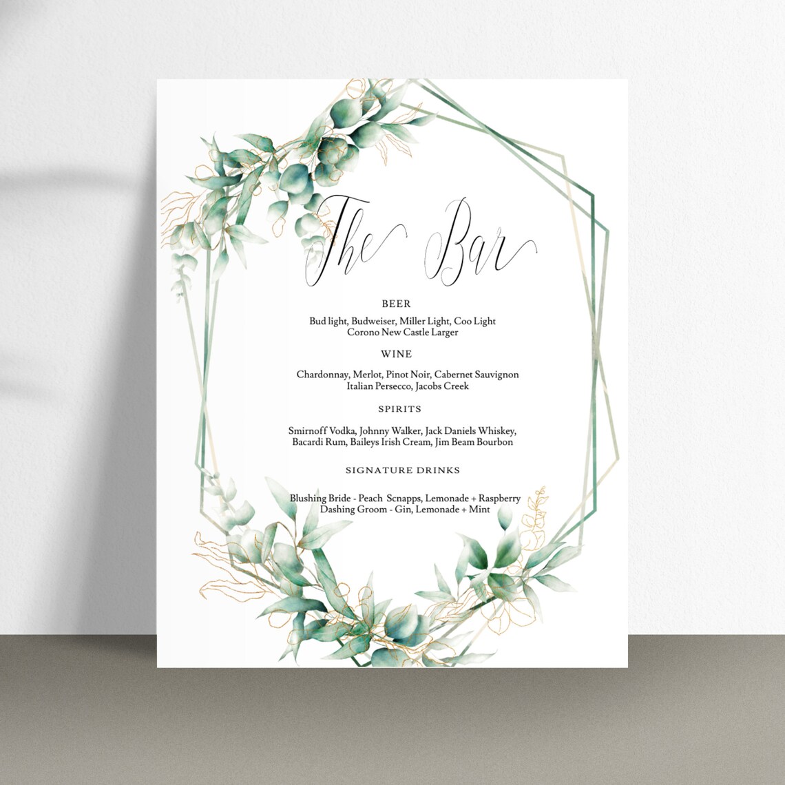 Greenery Bar Menu Sign, Greenery Bar Sign Template, Printable Bar Menu ...