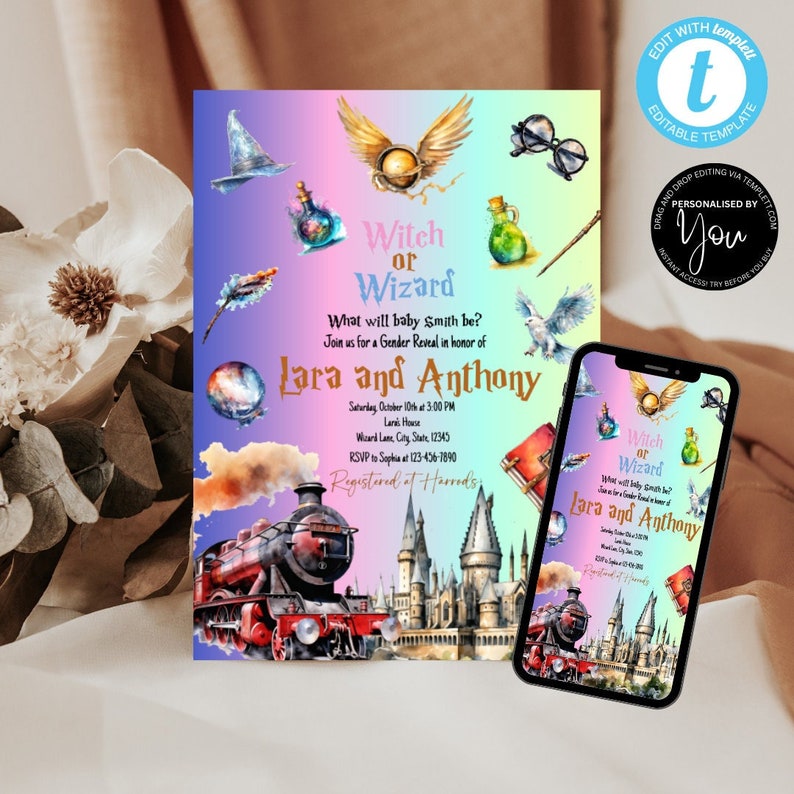 EDITABLE Witch or Wizard Gender Reveal Invitation Template Magical ...