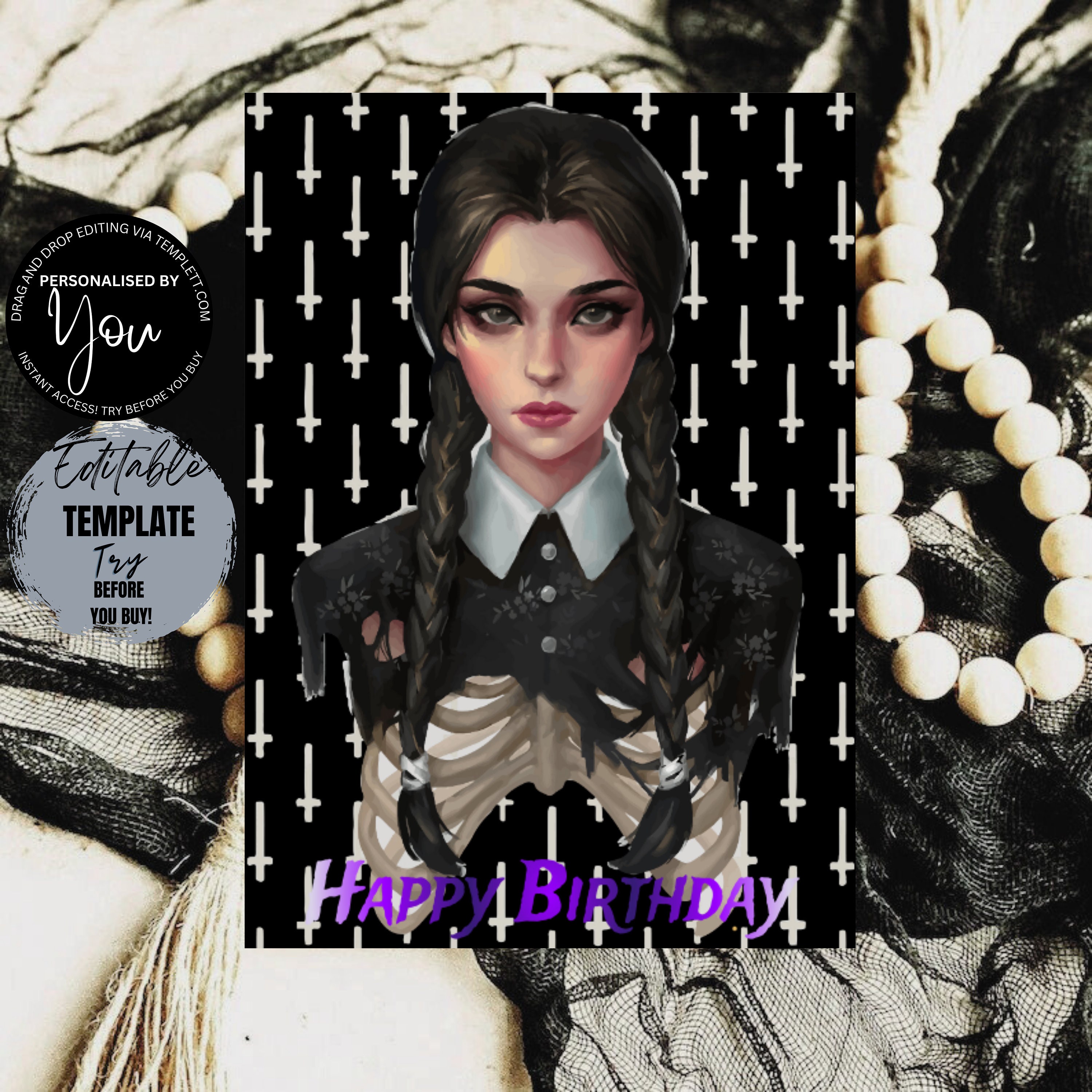 Halloween Birthday Card, Editable Wednesday Inspired Birthday Card ...