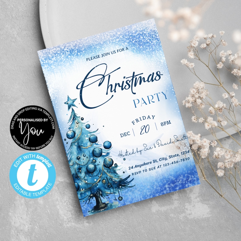 Christmas Party Invitation Template Blue Christmas Tree Party Invite ...