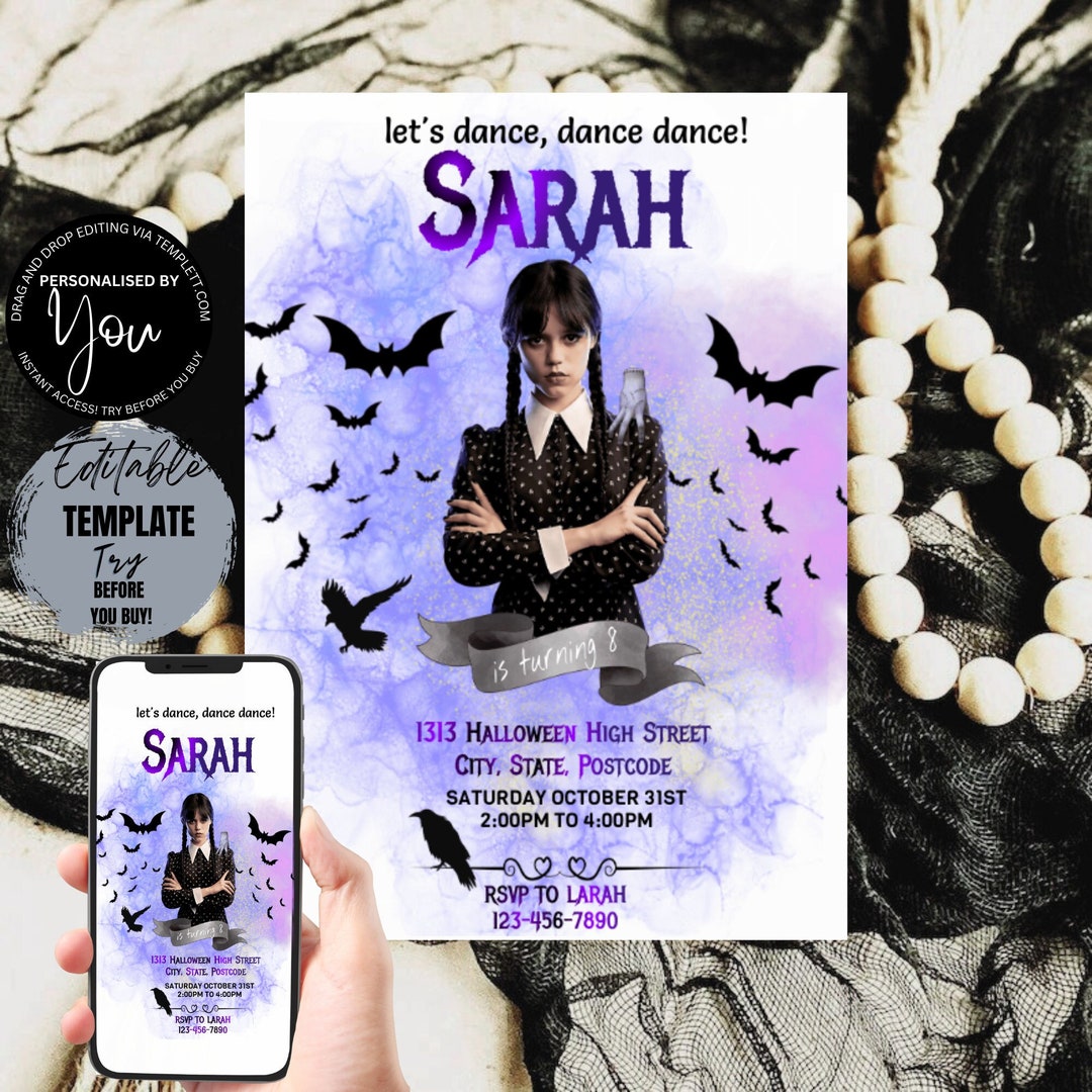 Editable Digital Wednesday Addams Birthday Invitation Self-editable 5x7 ...