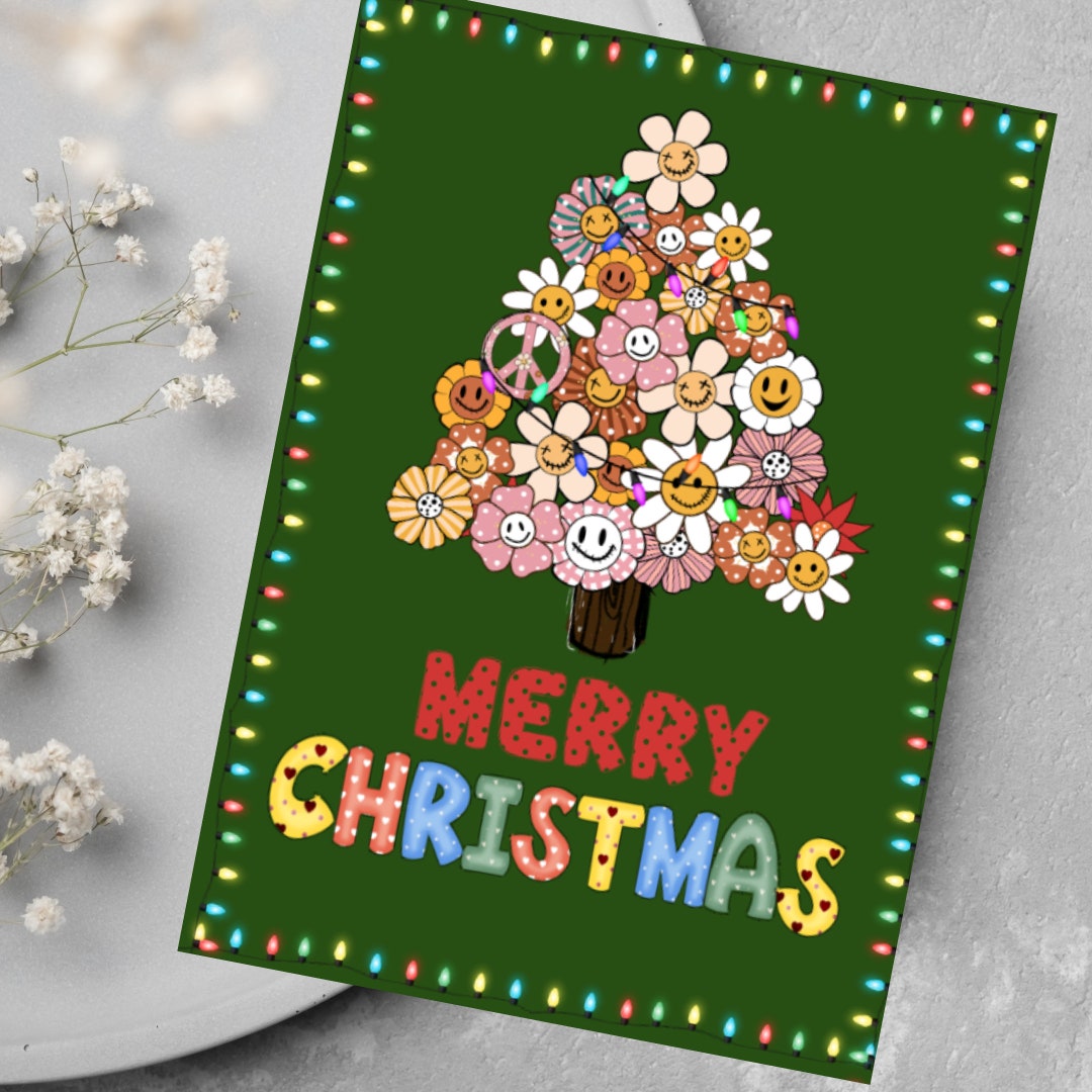 Retro Christmas Tree Card Template Green Christmas Tree Card Retro ...