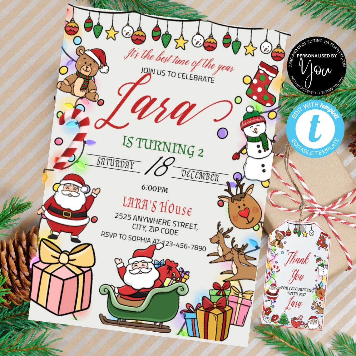 Editable Christmas Party Invitation, Christmas Birthday Invitation ...