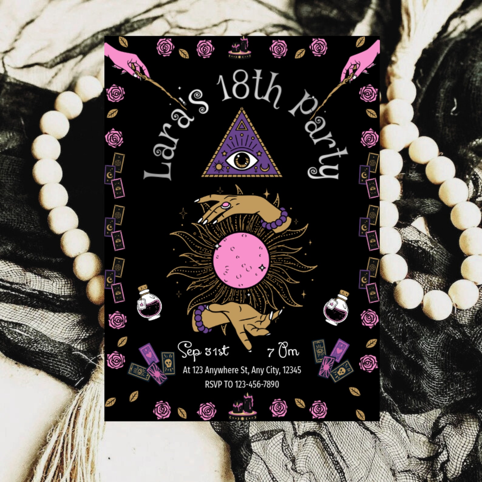 Editable Digital Crystal Ball Witchy Birthday Invitation Self-editable ...