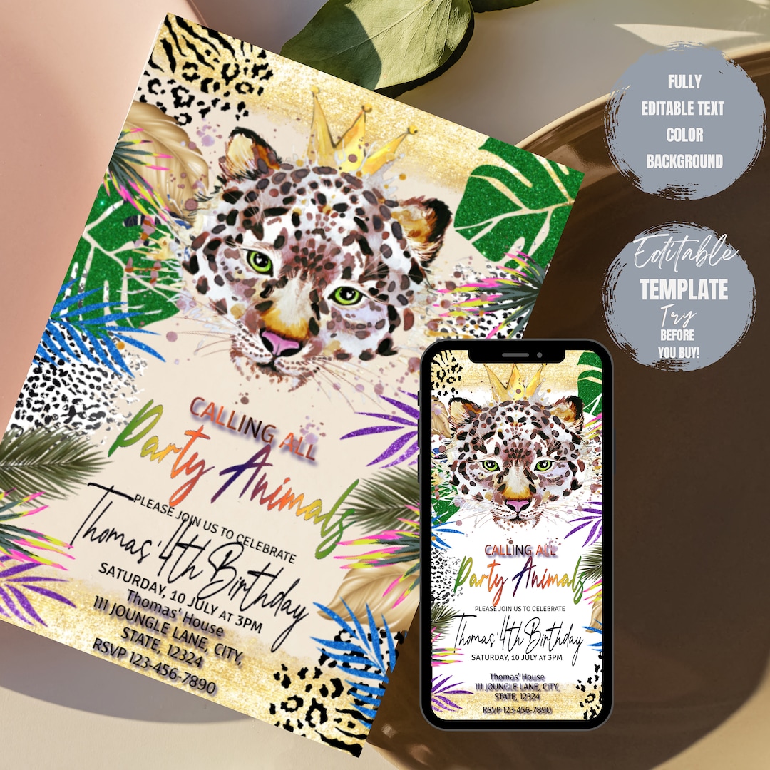King Leopard Birthday Invitation, Calling All Party Animal Birthday ...