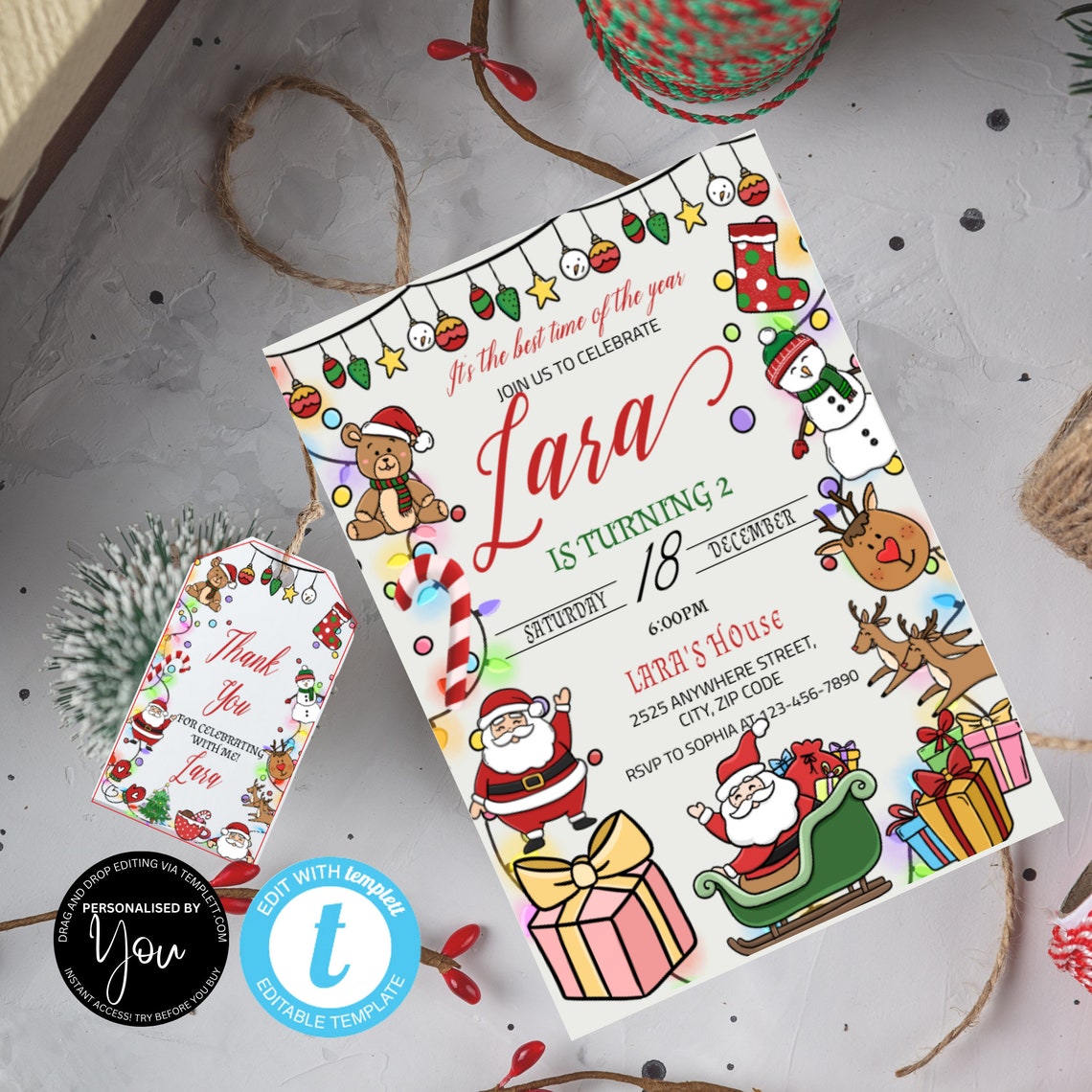Editable Christmas Party Invitation, Christmas Birthday Invitation ...