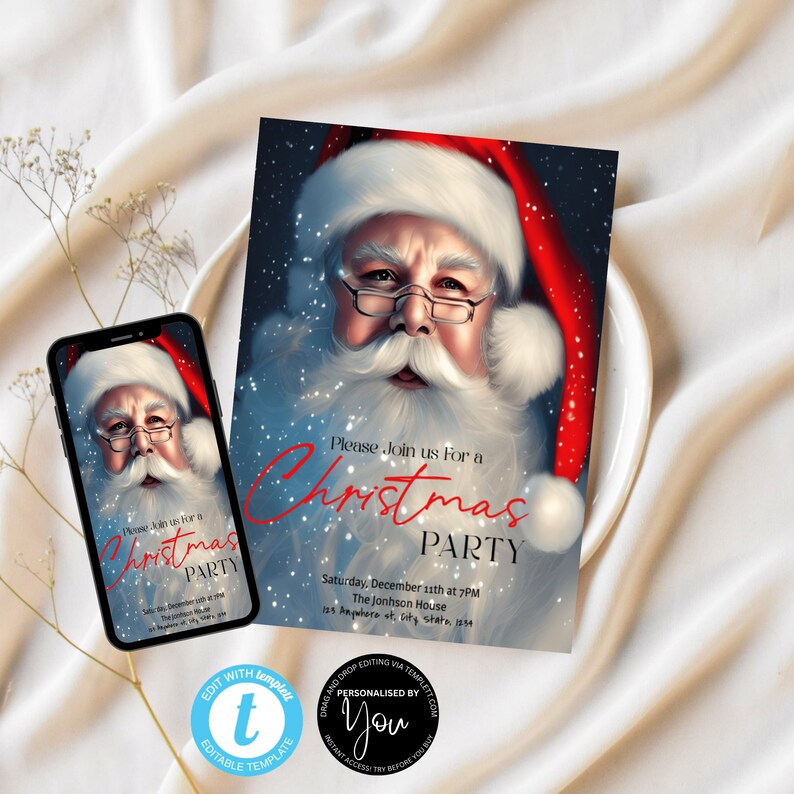 Santa Christmas Party Invitation Editable Template. Digital Invite ...