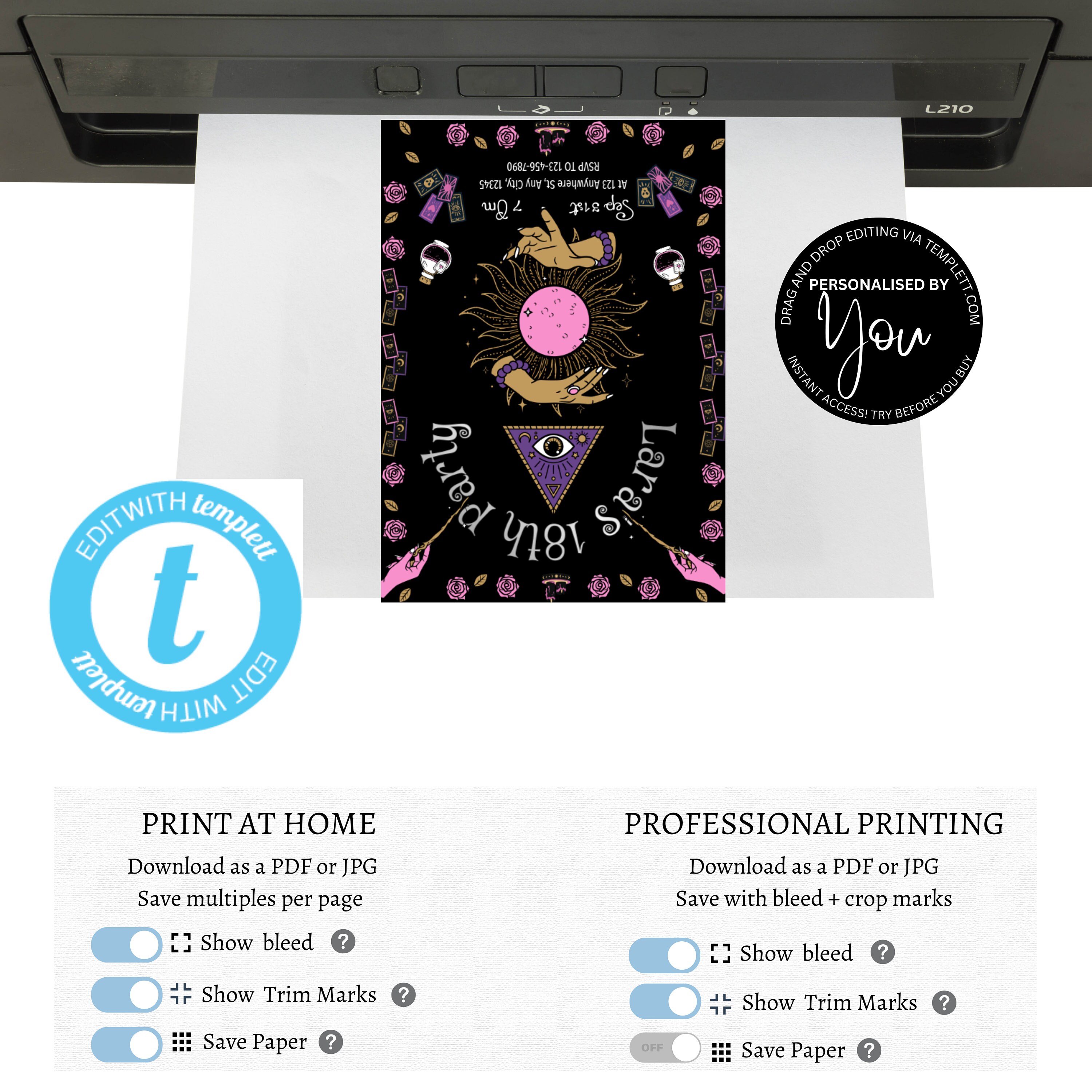 Editable Digital Crystal Ball Witchy Birthday Invitation Self-editable ...