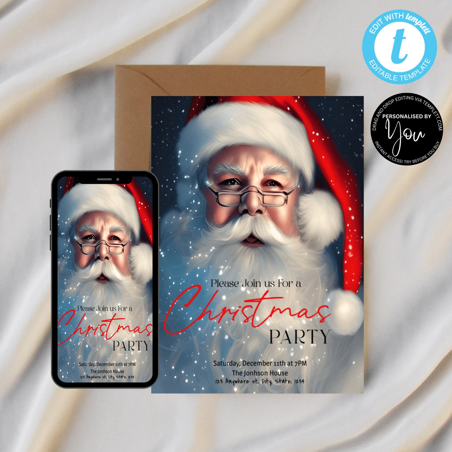 Santa Christmas Party Invitation Editable Template. Digital Invite ...