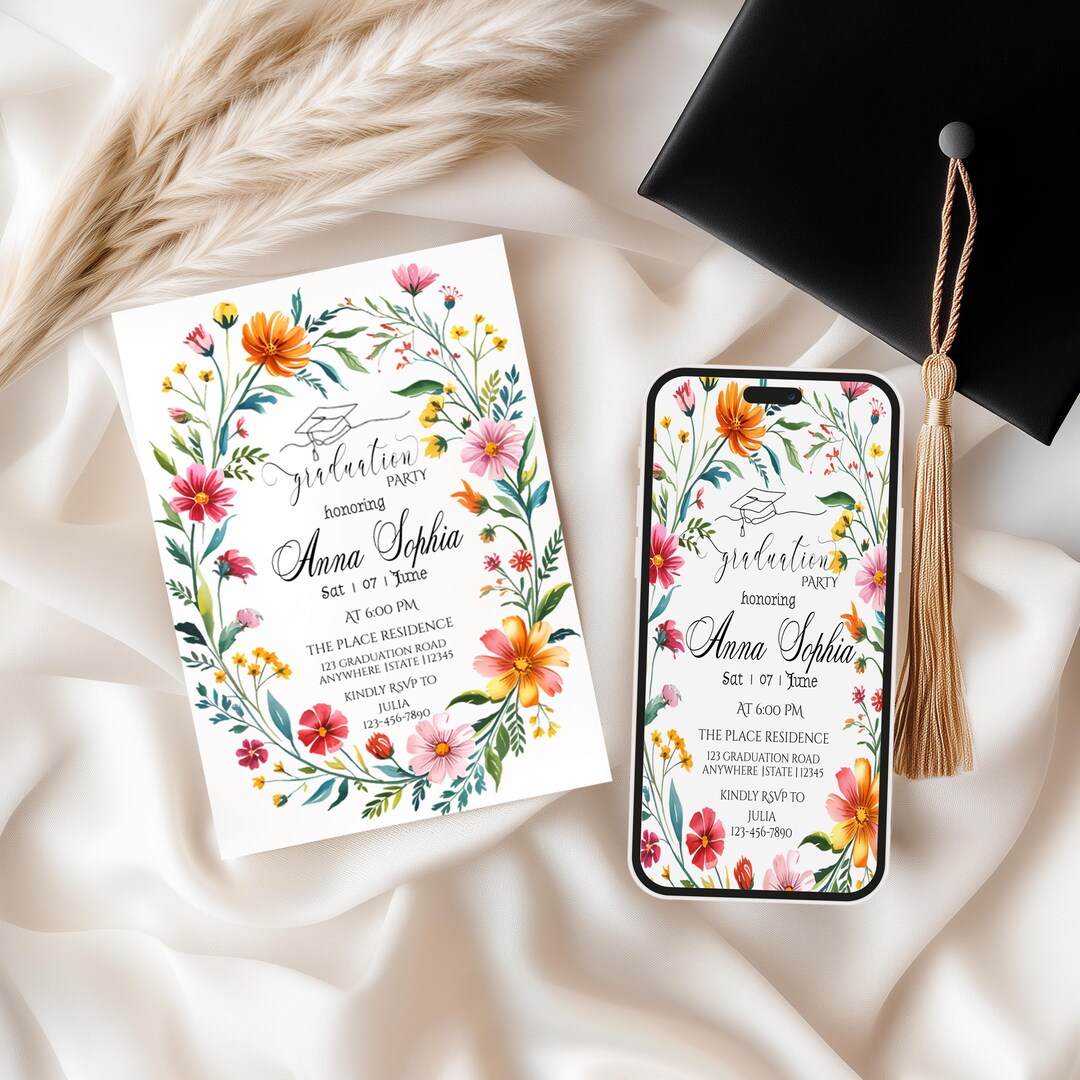 Wildflower Graduation Invitation Template | Oval Photo Grad Invite ...
