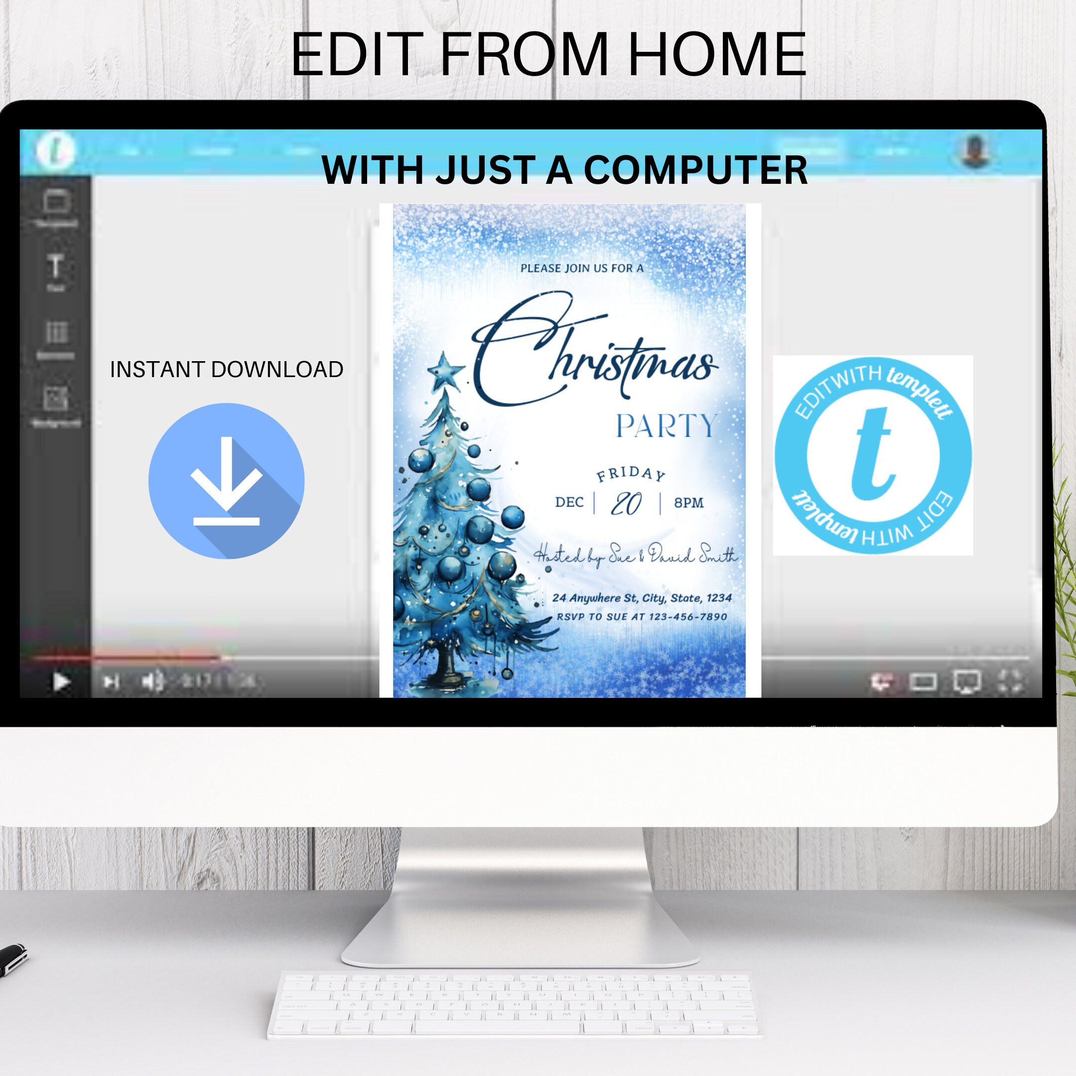 Christmas Party Invitation Template Blue Christmas Tree Party Invite ...