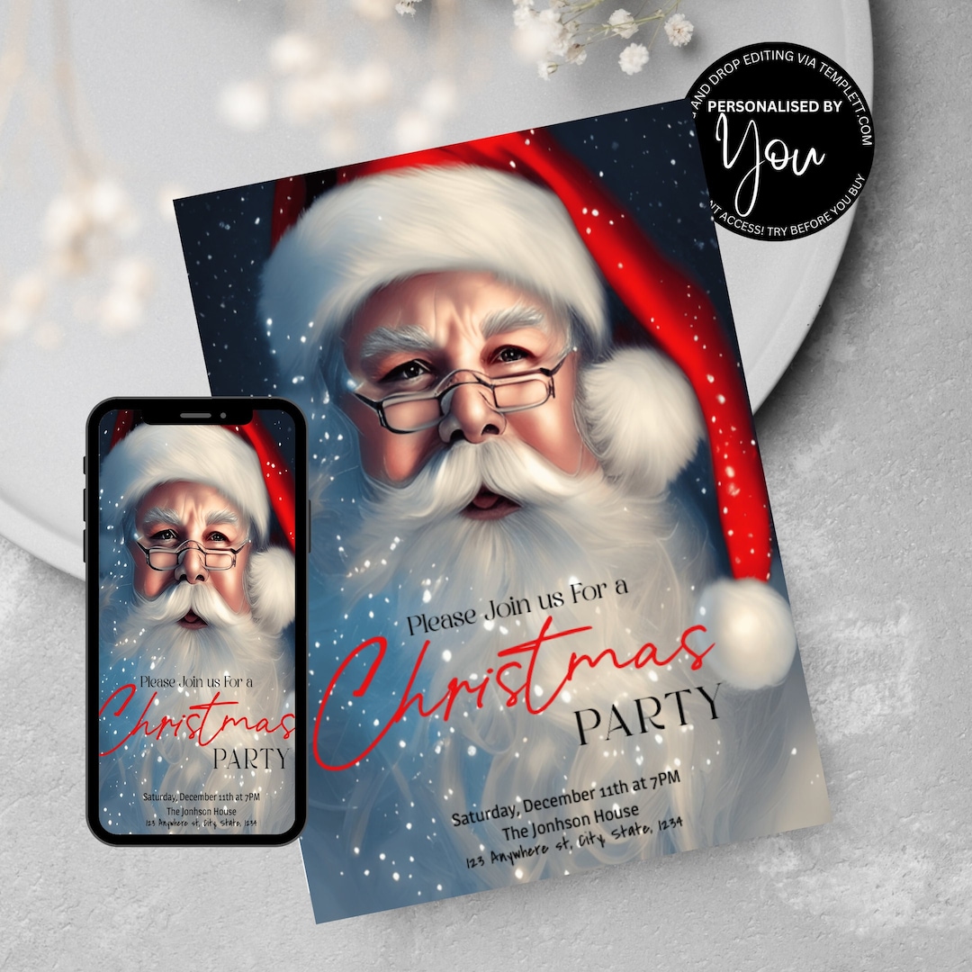 Santa Christmas Party Invitation Editable Template. Digital Invite ...